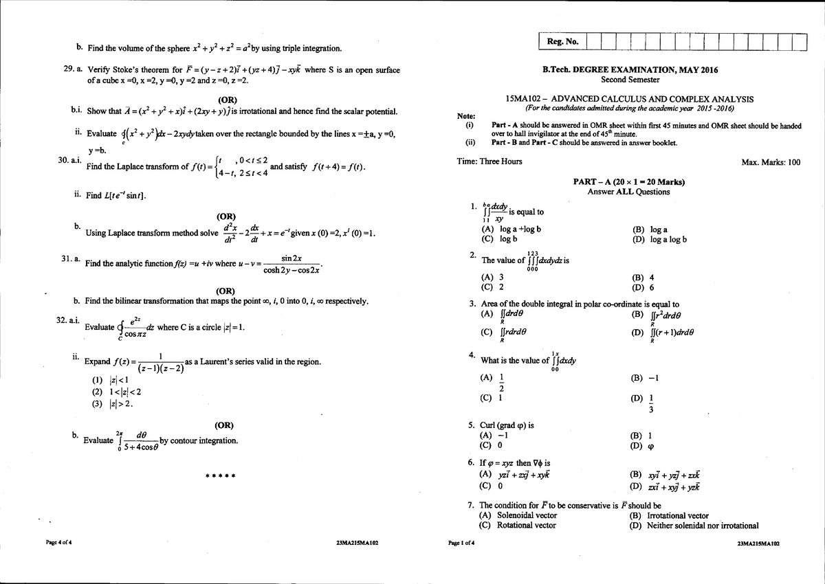 15MA102 2 SEM - QP of maths - b. fina the volume ofthe sphere *2 + y ...