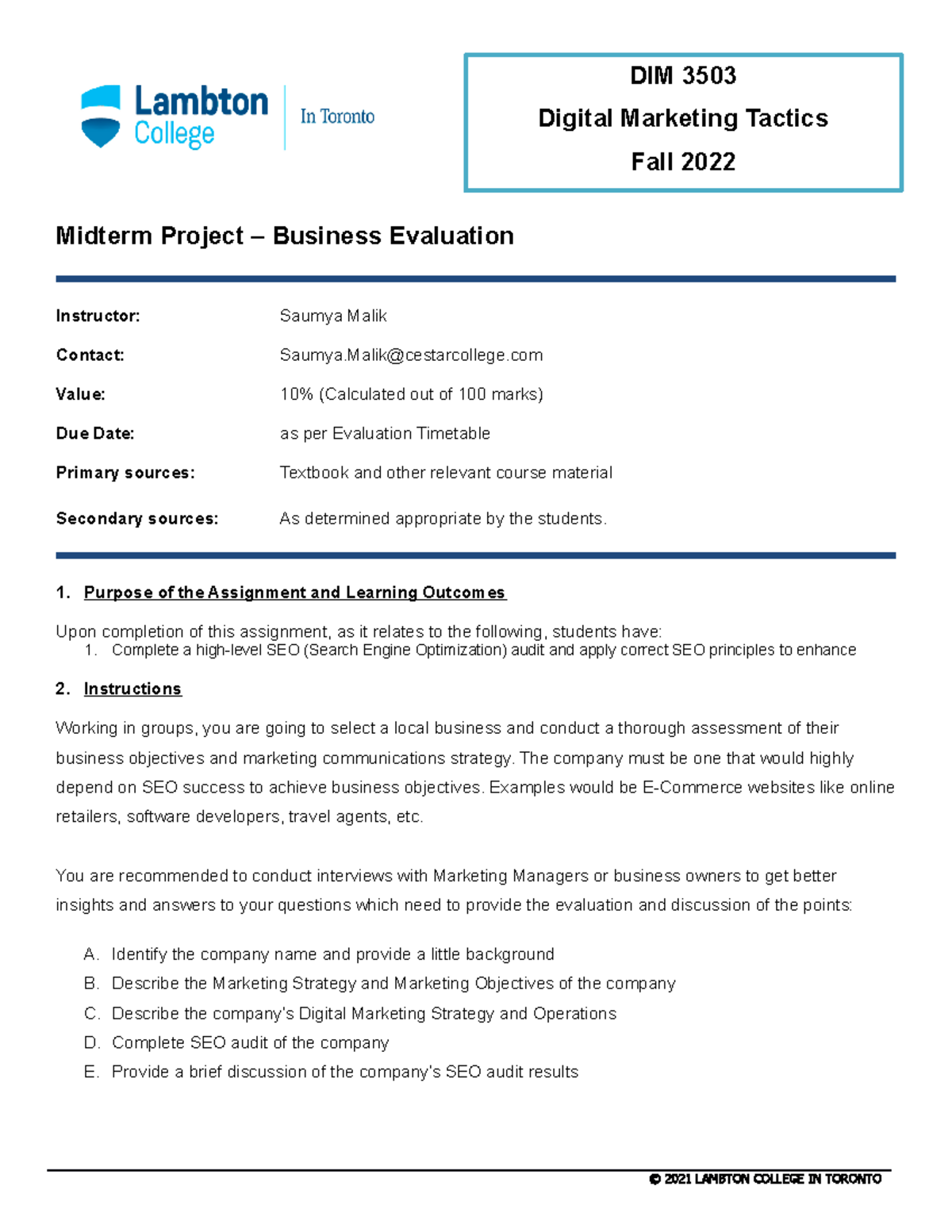 F22 DIM3503 Midterm Project Instructions - Midterm Project – Business Evaluation Instructor ...