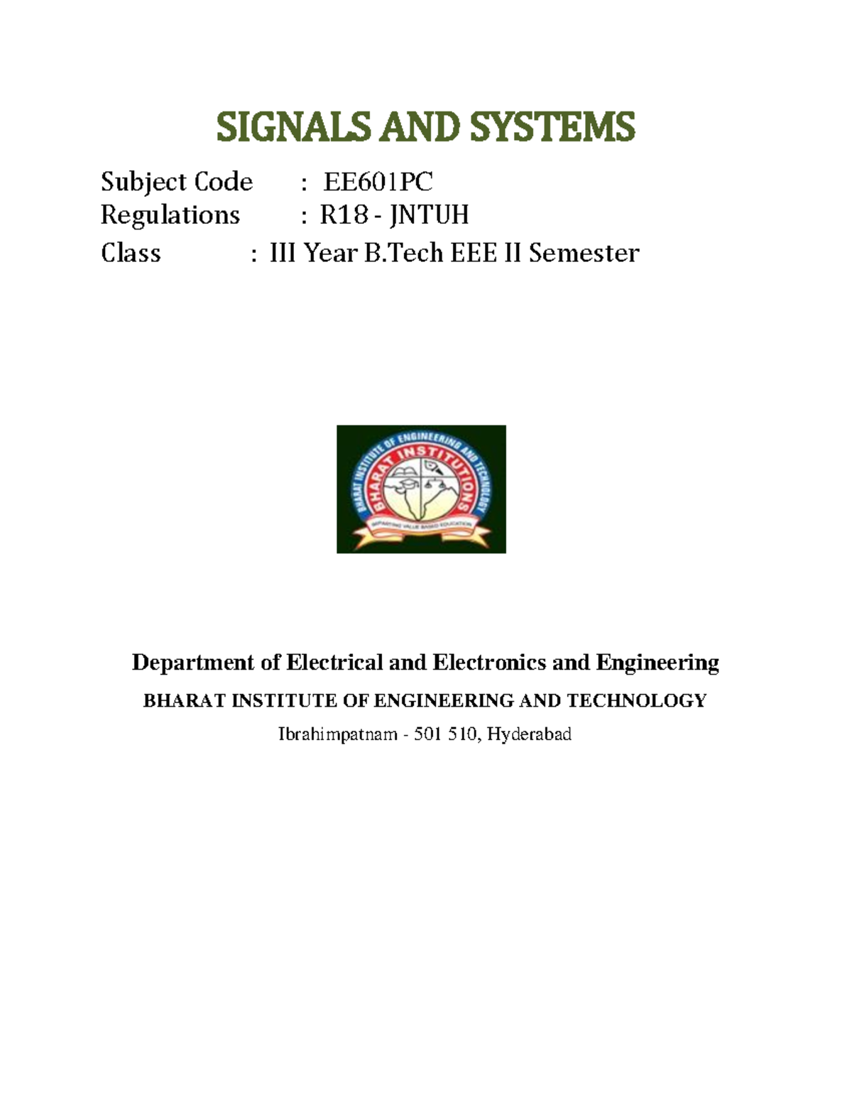 III- Signals& System - Hjejdjd - SIGNALS AND SYSTEMS Subject Code : EE601PC Regulations : R18 ...