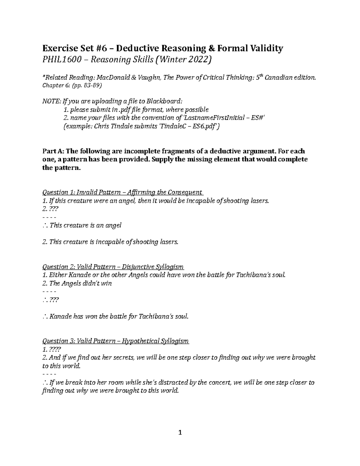Exercise Set 6 - Deductive Reasoning & Formal Valdity - Exercise Set #6 ...