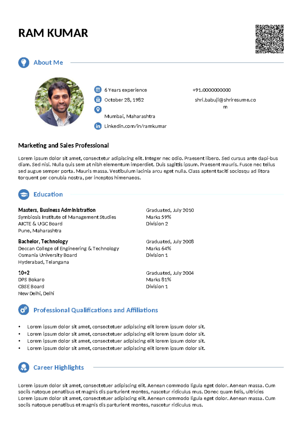 Sample the seeker resume - RAM KUMAR About Me 6 Years experience +91. October 28, 1982 - Studocu