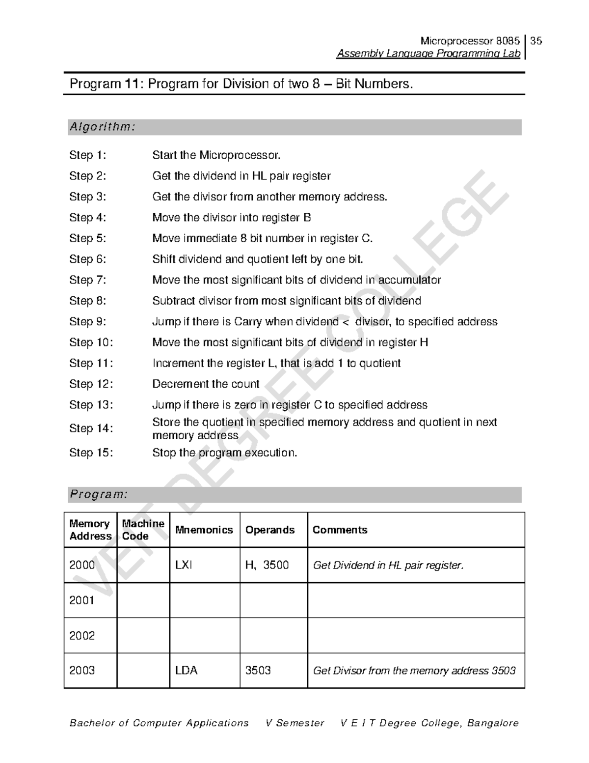 Program 11 - Microprocessor 8085 35 Assembly Language Programming Lab Program 11: Program for ...