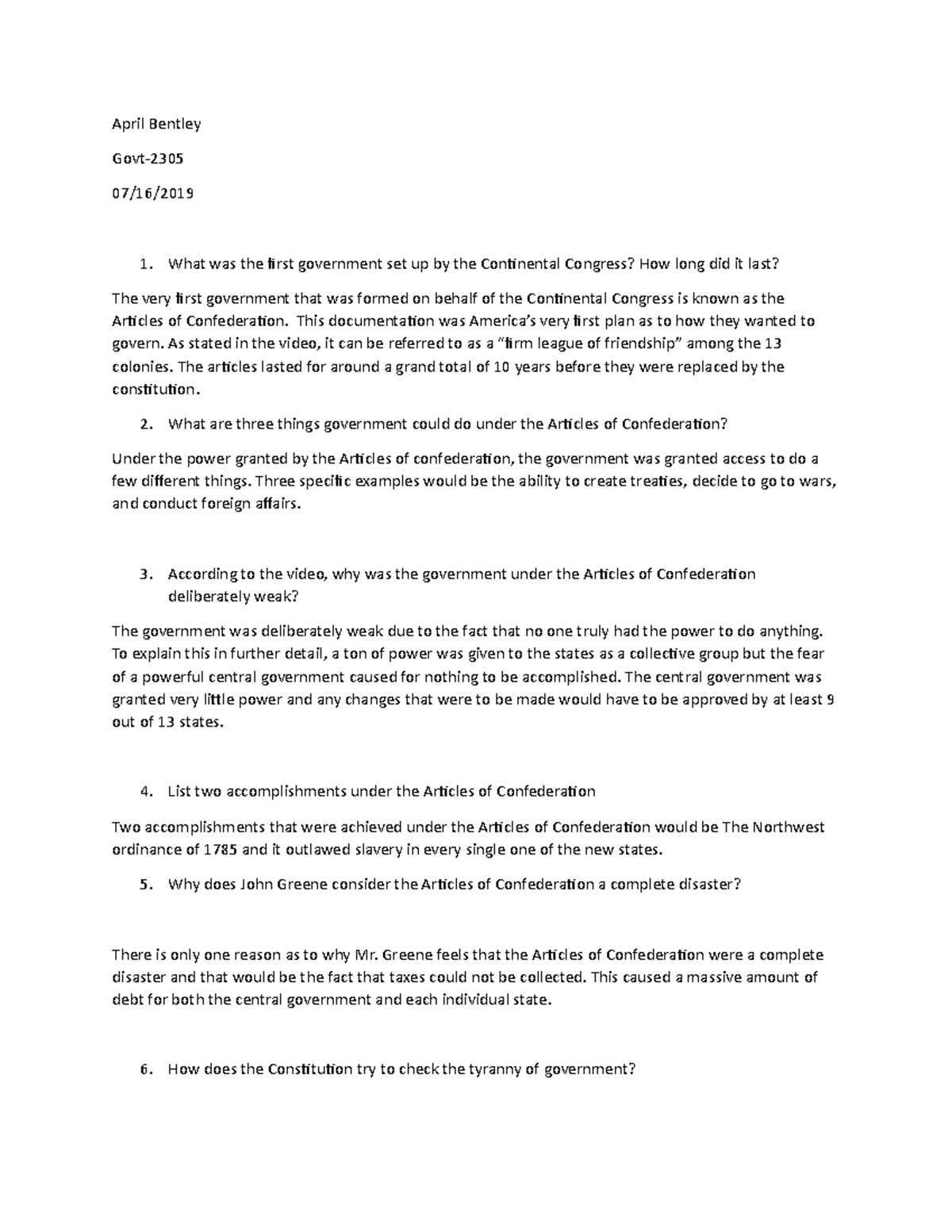 Federal Government 2305 Discussion Question - April Bentley Govt- 07/16 ...