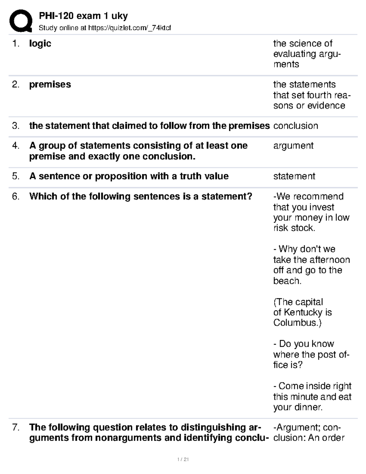 Phi 120 - study guide - Study online at quizlet/_74ktcf logic the ...