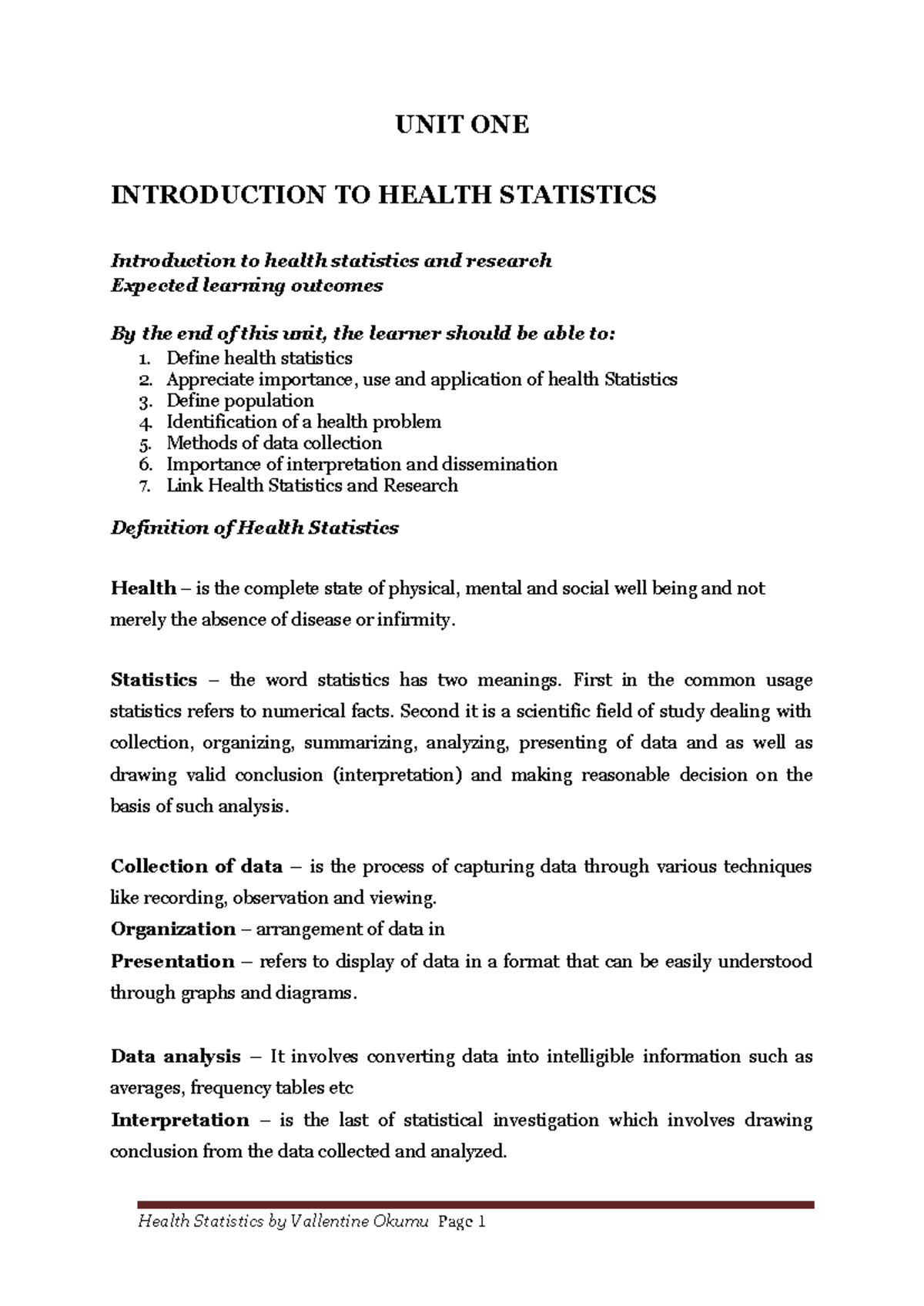 Health Statistics-1-1-1 - UNIT ONE INTRODUCTION TO HEALTH STATISTICS Introduction to health ...