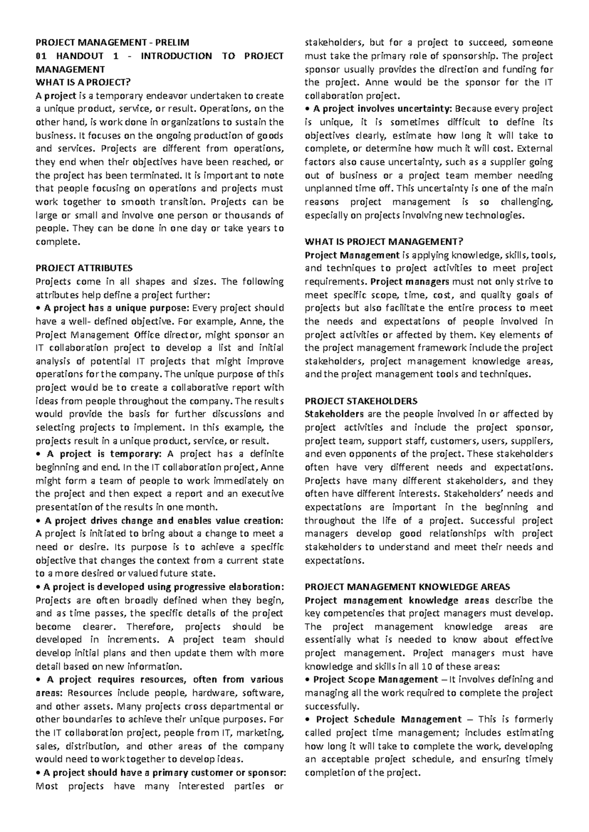 Project Management - Prelim - PROJECT MANAGEMENT - PRELIM 01 HANDOUT 1 ...