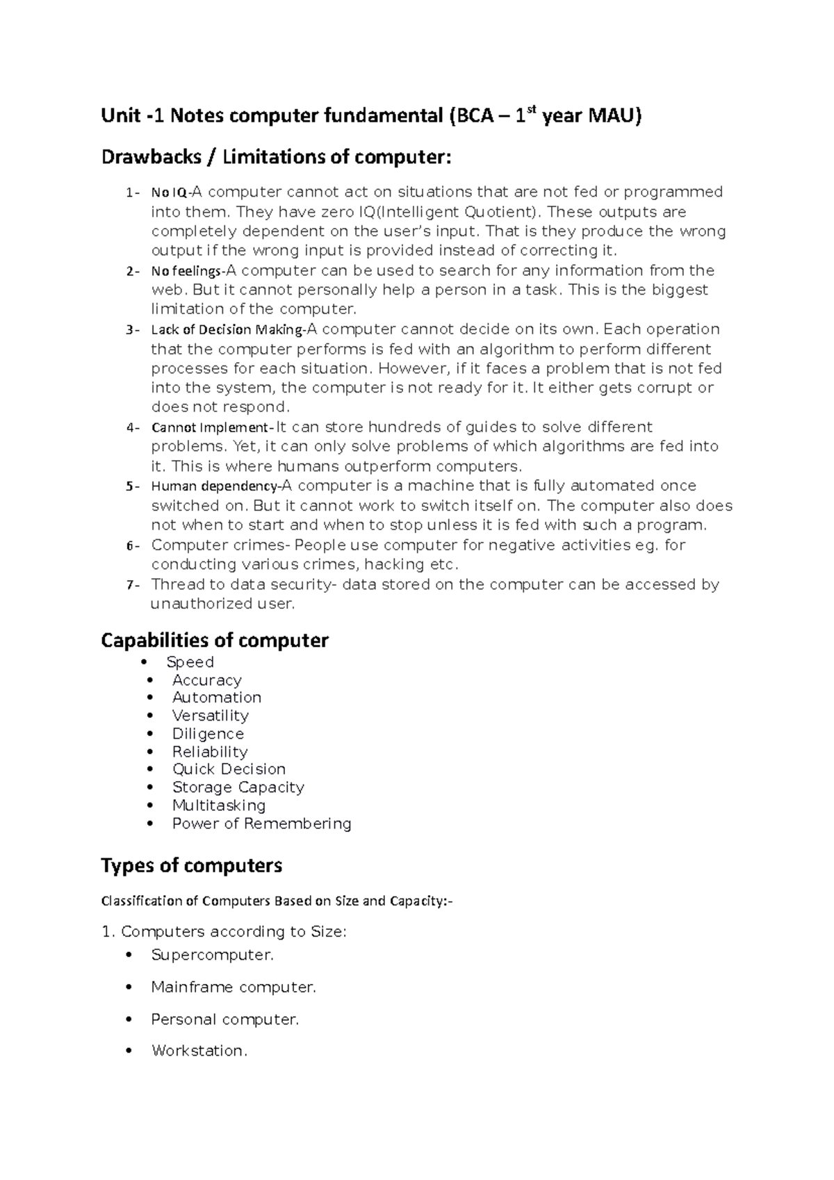 History of computer - Unit -1 Notes computer fundamental (BCA – 1 st ...