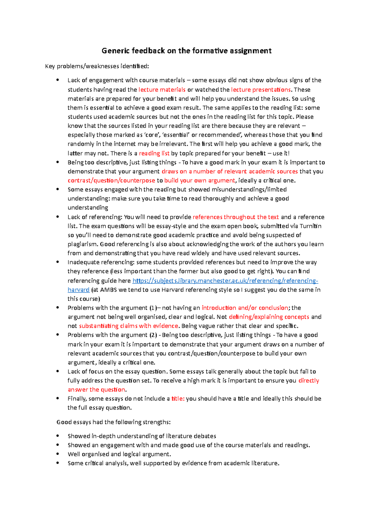 Generic feedback formative assignment - Generic feedback on the ...