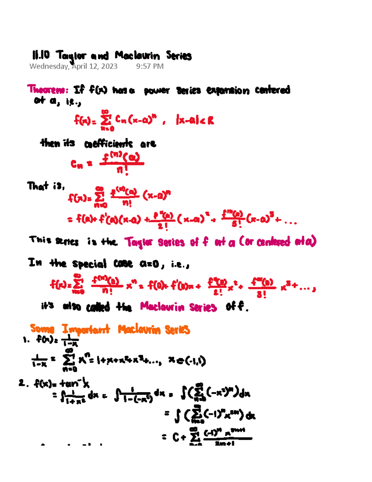 11.10 taylor series-dean - MATH 152 - Wednesday, April 12, 2023 9:57 PM ...