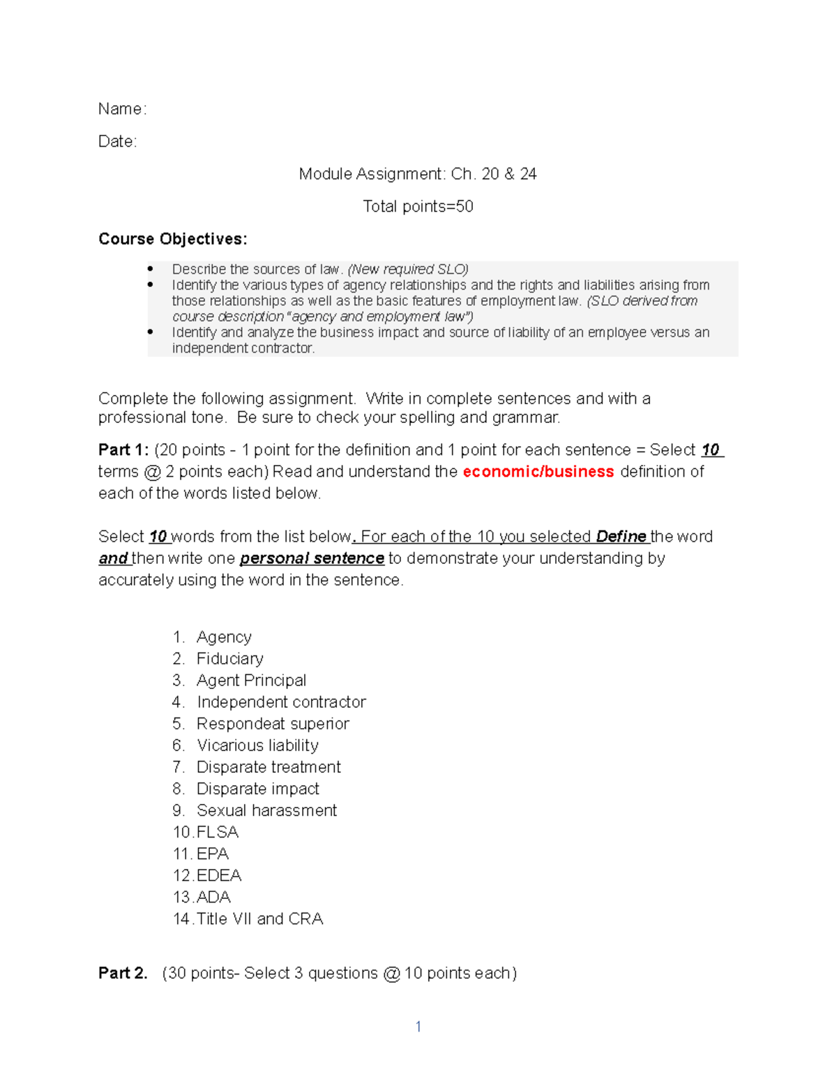 Module Assignment Ch. 20 24 BLAW 2110 - Name: Date: Module Assignment: Ch. 20 & 24 Total points ...