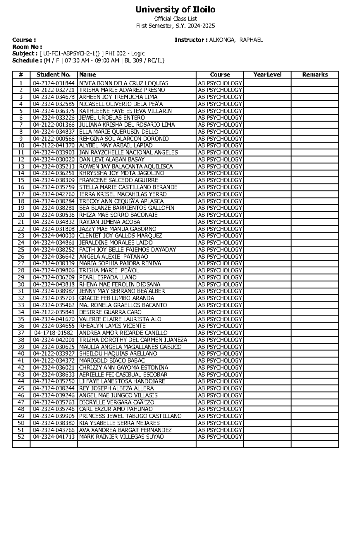 PHI OO2 SAS 1 intro to Philo and logic - University of Iloilo Official Class List First Semester ...