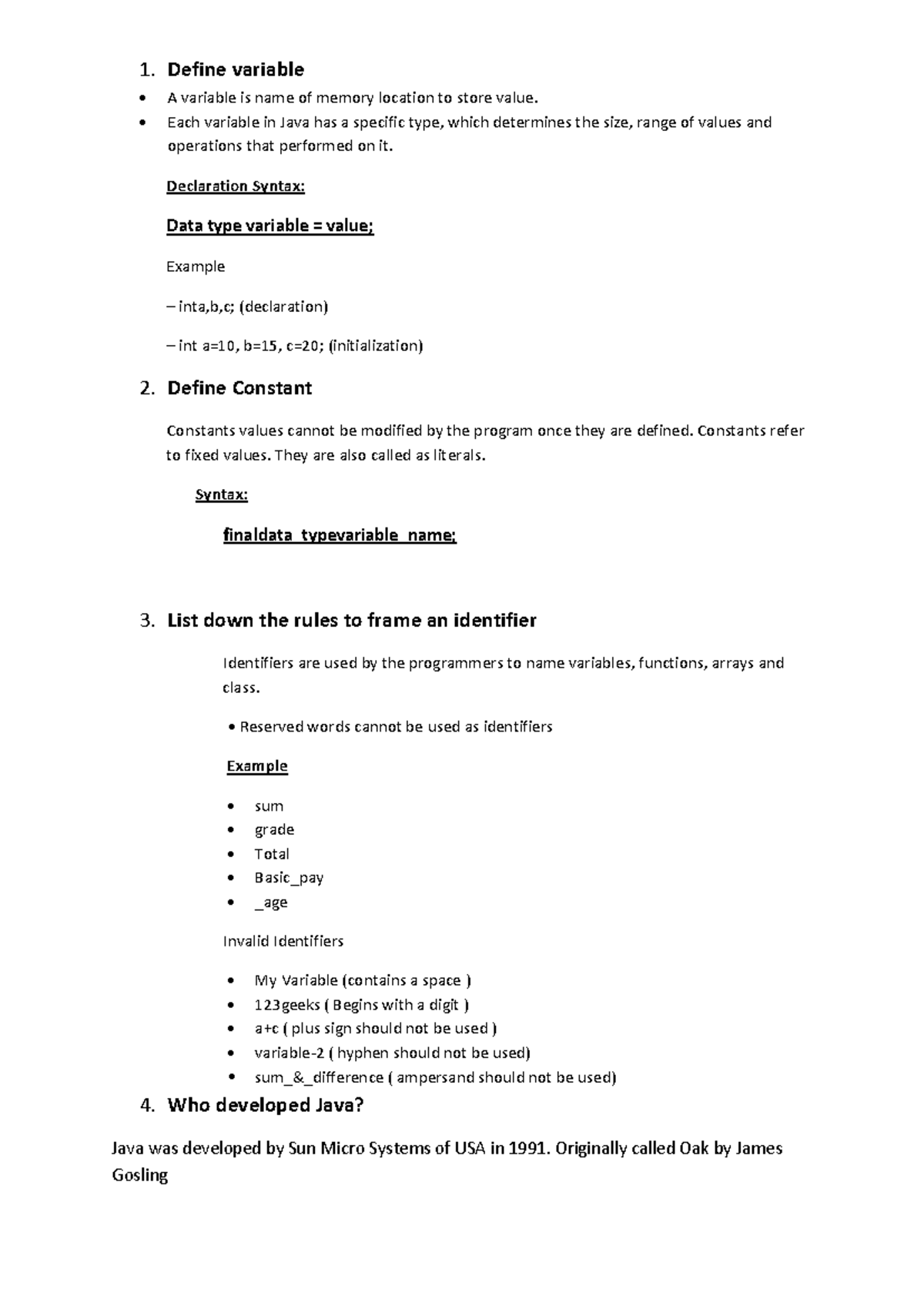 Java Answers 1 Define Variable • A Variable Is Name Of Memory 8757