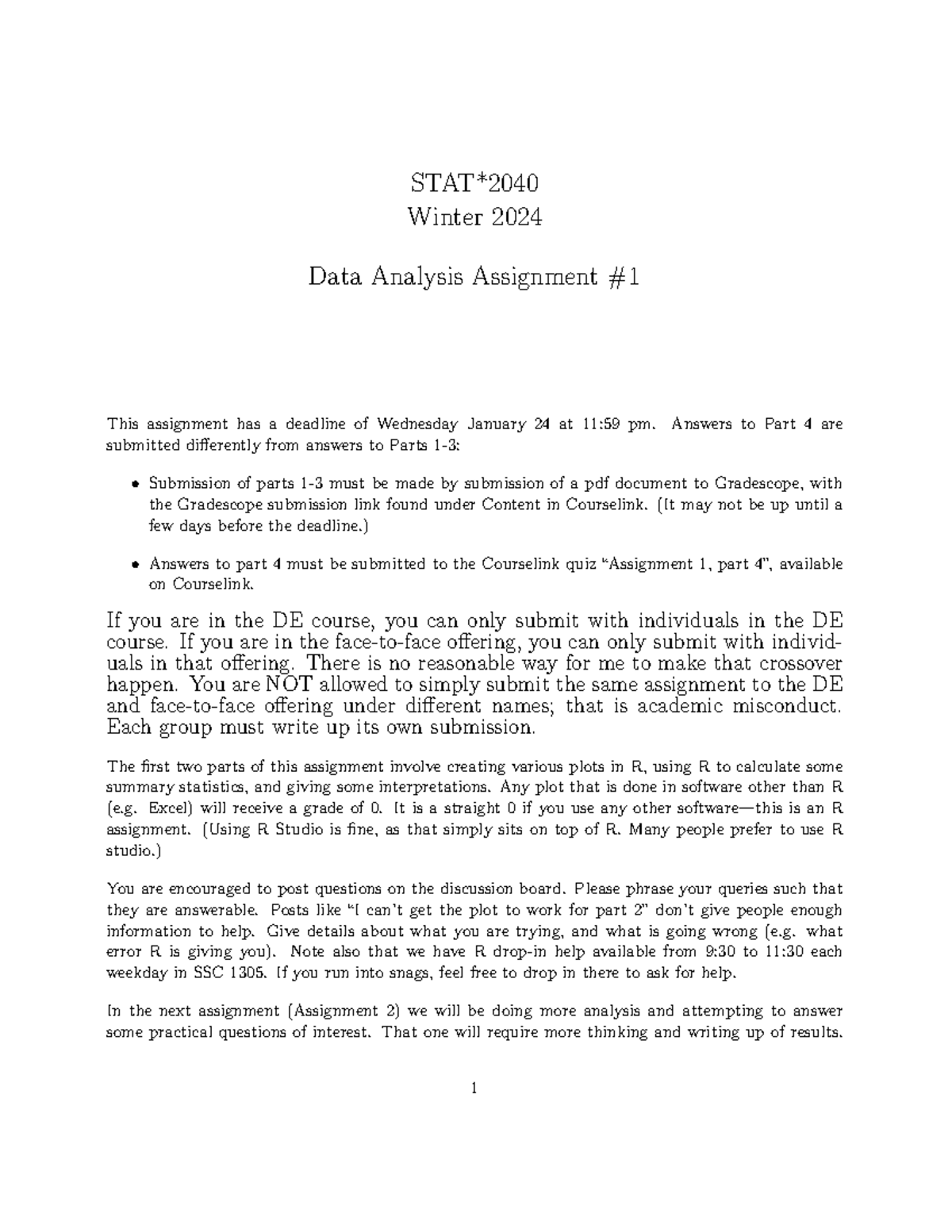 2040 W24 A1 stats - Uni assignment - STAT* Winter 2024 Data Analysis Assignment This assignment ...