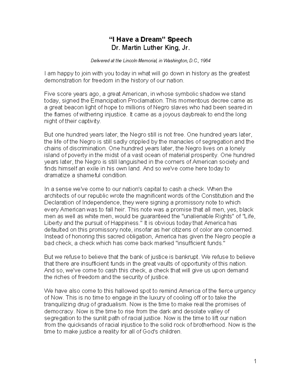 I Have a Dream Speech - N/A - “I Have a Dream” Speech Dr. Martin Luther ...