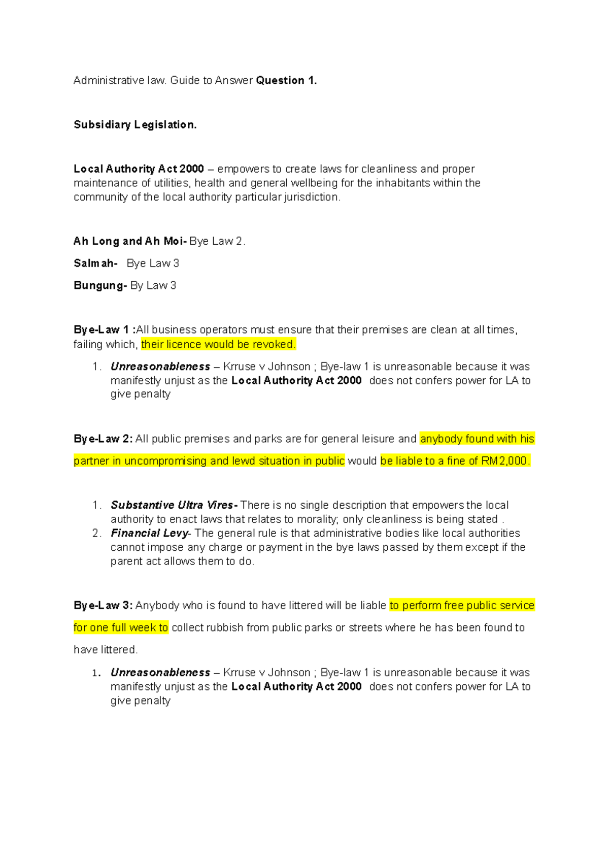 Administrative law - Guide to Answer Question 1. Subsidiary Legislation ...