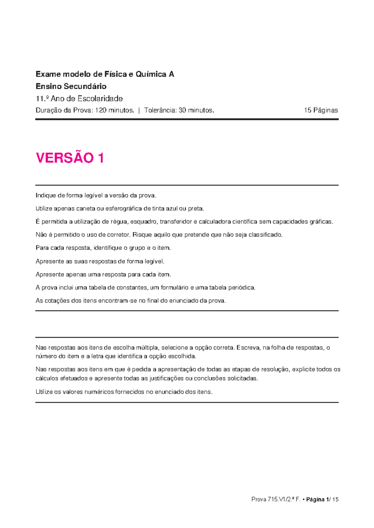 386800718 Prova Modelo FQA 2018 - Exame modelo de Física e Química A ...