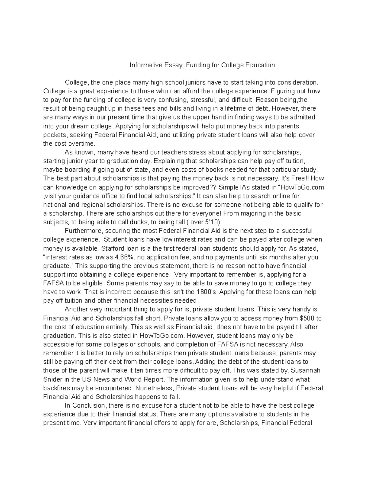 Imformative essay - Informative Essay: Funding for College Education ...