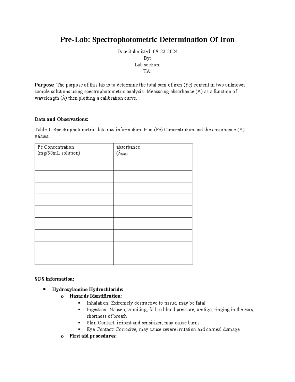 Fe pre-lab Carleton Chem 1001 - Pre-Lab: Spectrophotometric ...