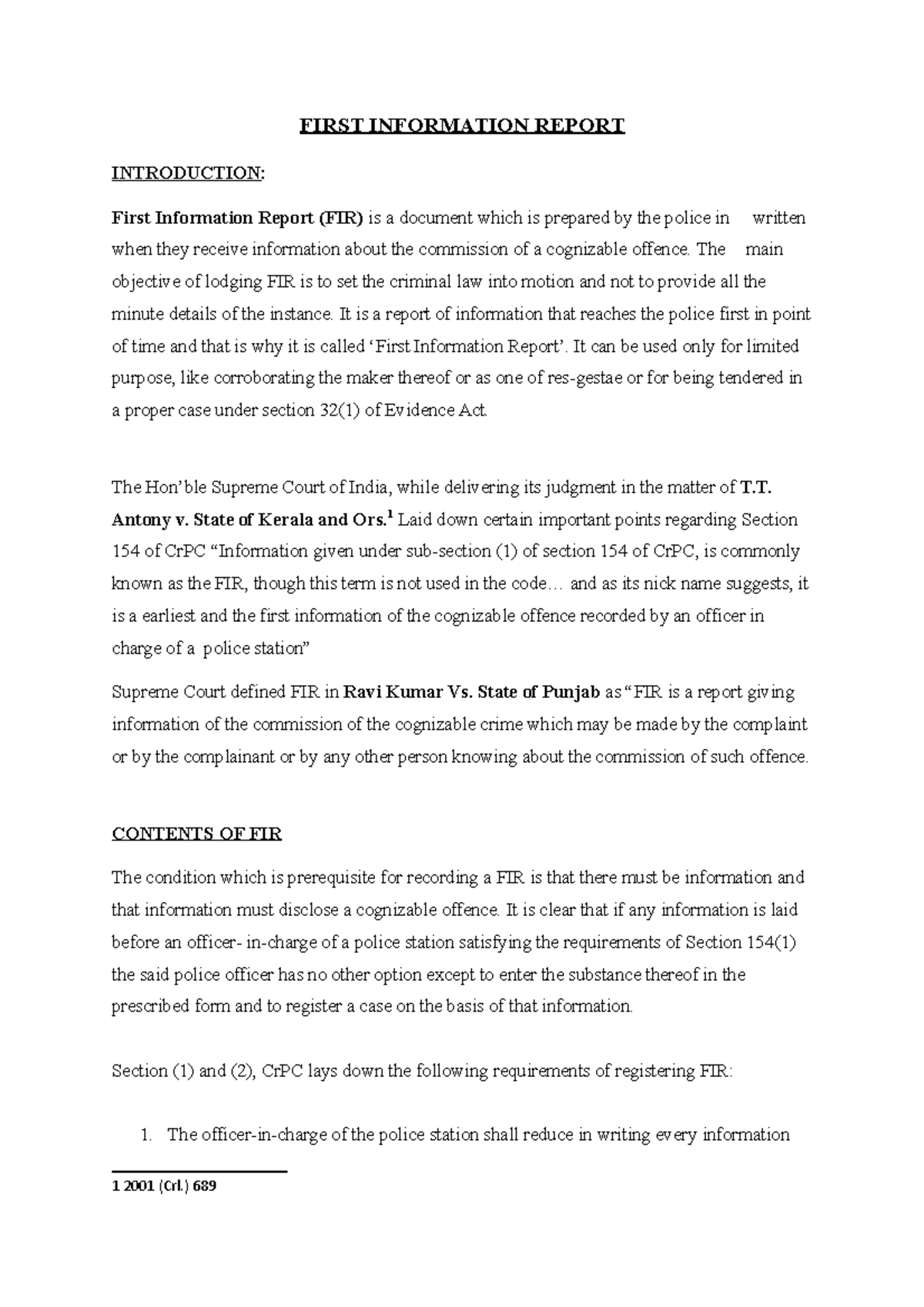 CRPC FIRST INFORMATION REPORT - FIRST INFORMATION REPORT INTRODUCTION ...