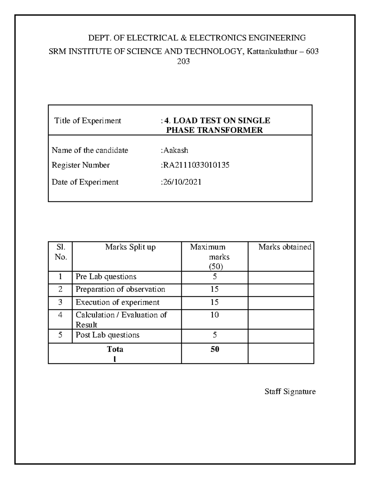 BEEE Assignment 4 - DEPT. OF ELECTRICAL & ELECTRONICS ENGINEERING SRM ...