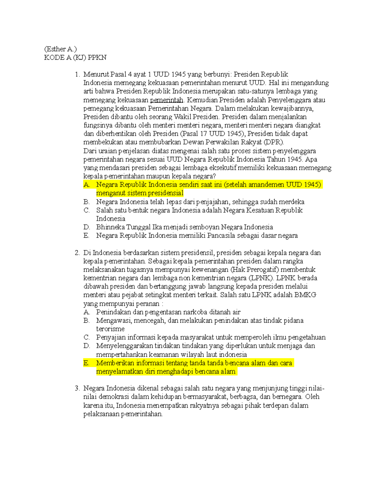 Esther. (KJ) Latihan Soal US PKN Kelas XII Smt. Genap 2023 - (Esther A.) KODE A (KJ) PPKN 1 ...