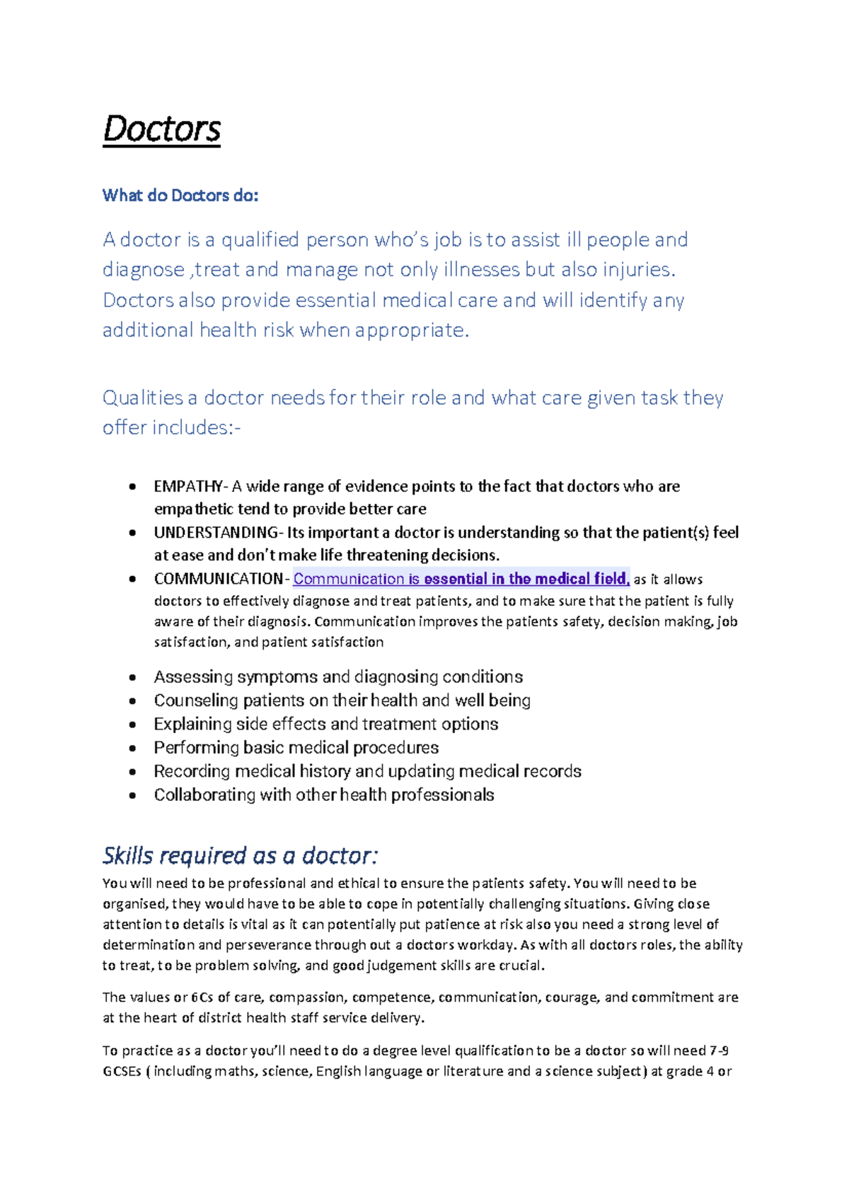 UNIT 2 JOB Roles - PAST PAPERS - Doctors What do Doctors do: A doctor ...