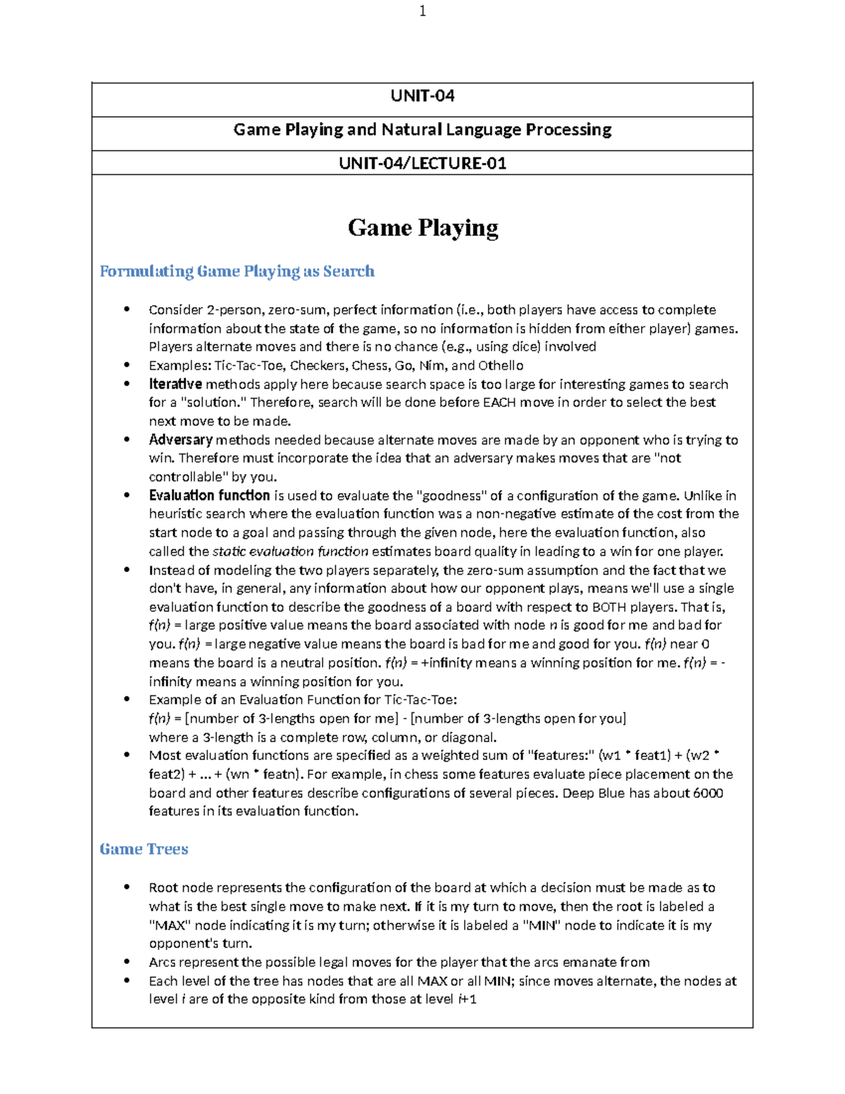 Notes artificial intelligence unit 4 - UNIT- Game Playing and Natural ...
