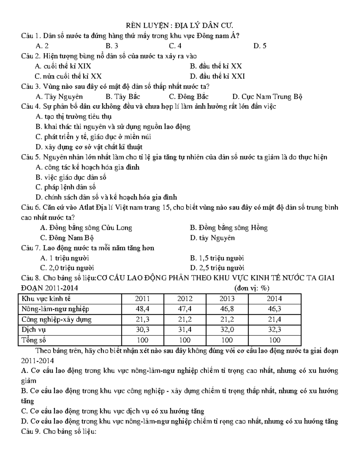 TRẮC NGHIỆM ĐỊA LÍ DÂN CƯ- Học Sinh - RÈN LUYỆN : ĐỊA LÝ DÂN CƯ. Câu 1 ...