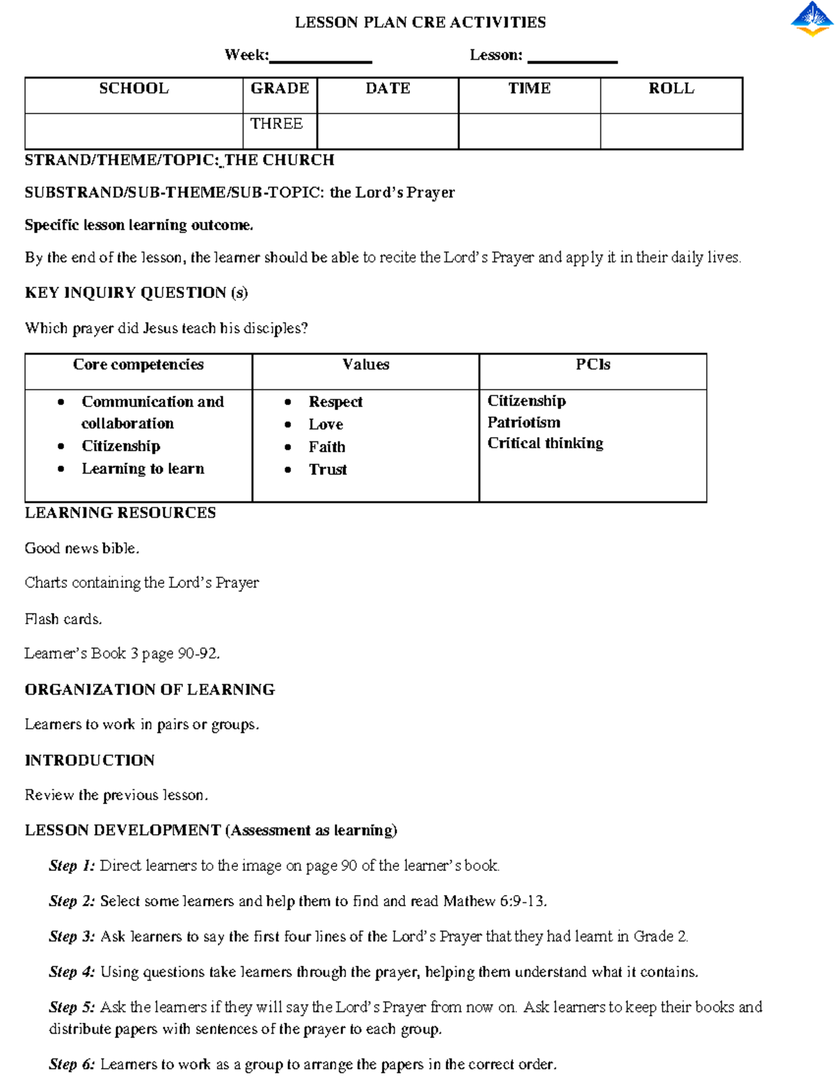 Grade 3-the-church-lesson-plans-cre-word-format - LESSON PLAN CRE ...