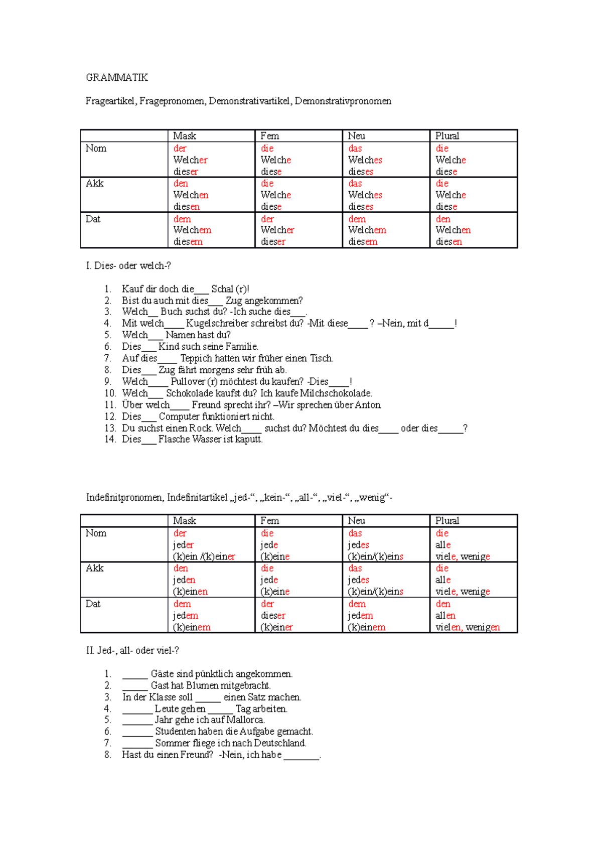 Gramatica alemana: indefinitpronomen - GRAMMATIK Frageartikel ...