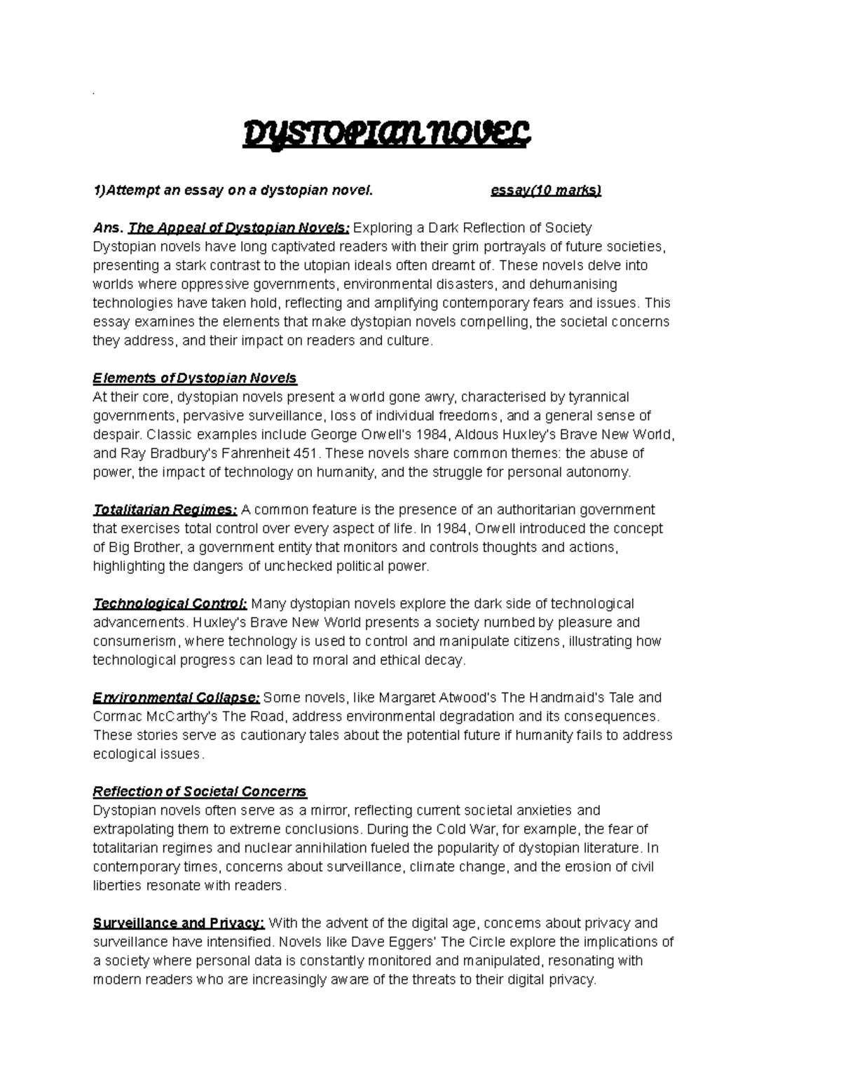 Dystopian Novel (essay 10 marks) - DYSTOPIAN NOVEL 1)Attempt an essay ...
