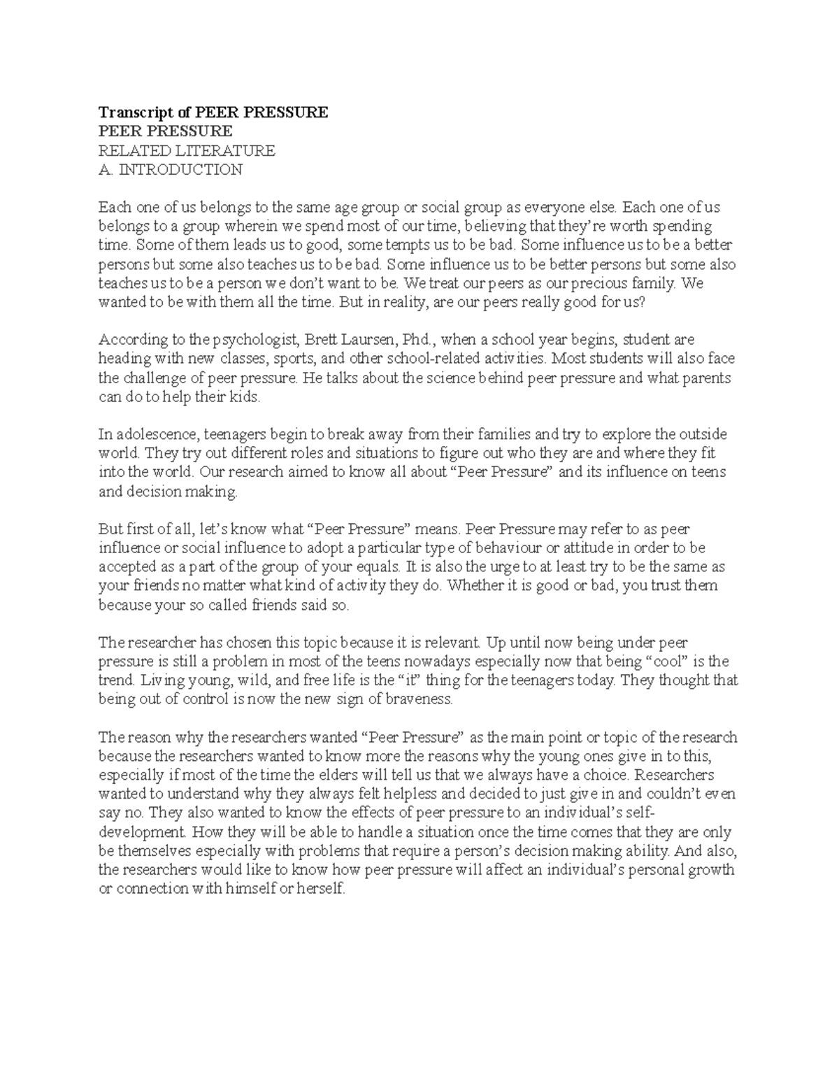 Transcript of PEER Pressure PEER Pressur - Transcript of PEER PRESSURE ...