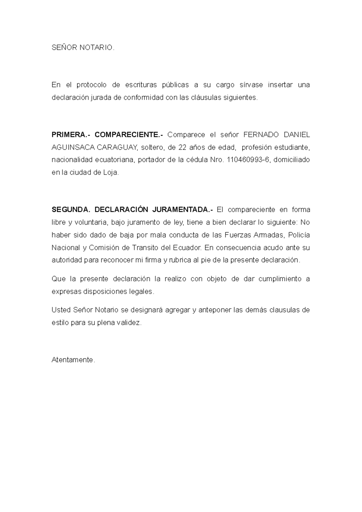 Modelo De Declaracion Jurada De Estudios