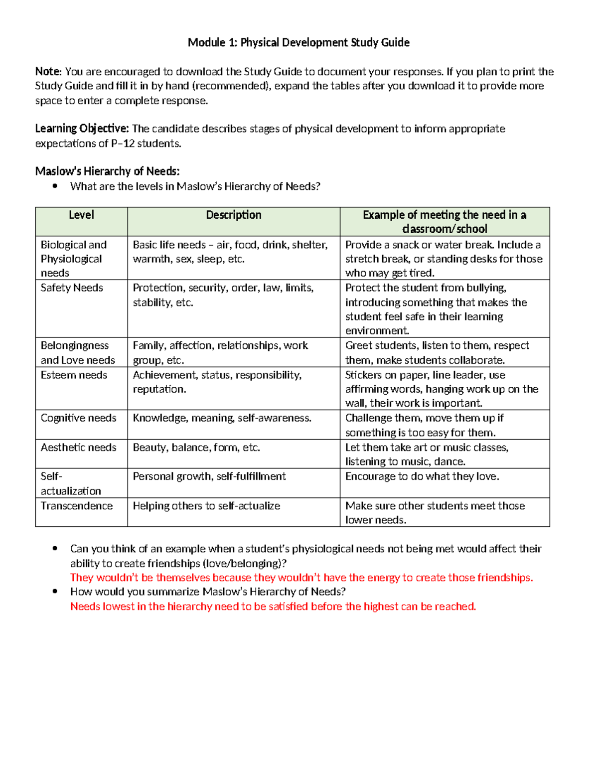 Module 1 - Module 1: Physical Development Study Guide Note: You are ...