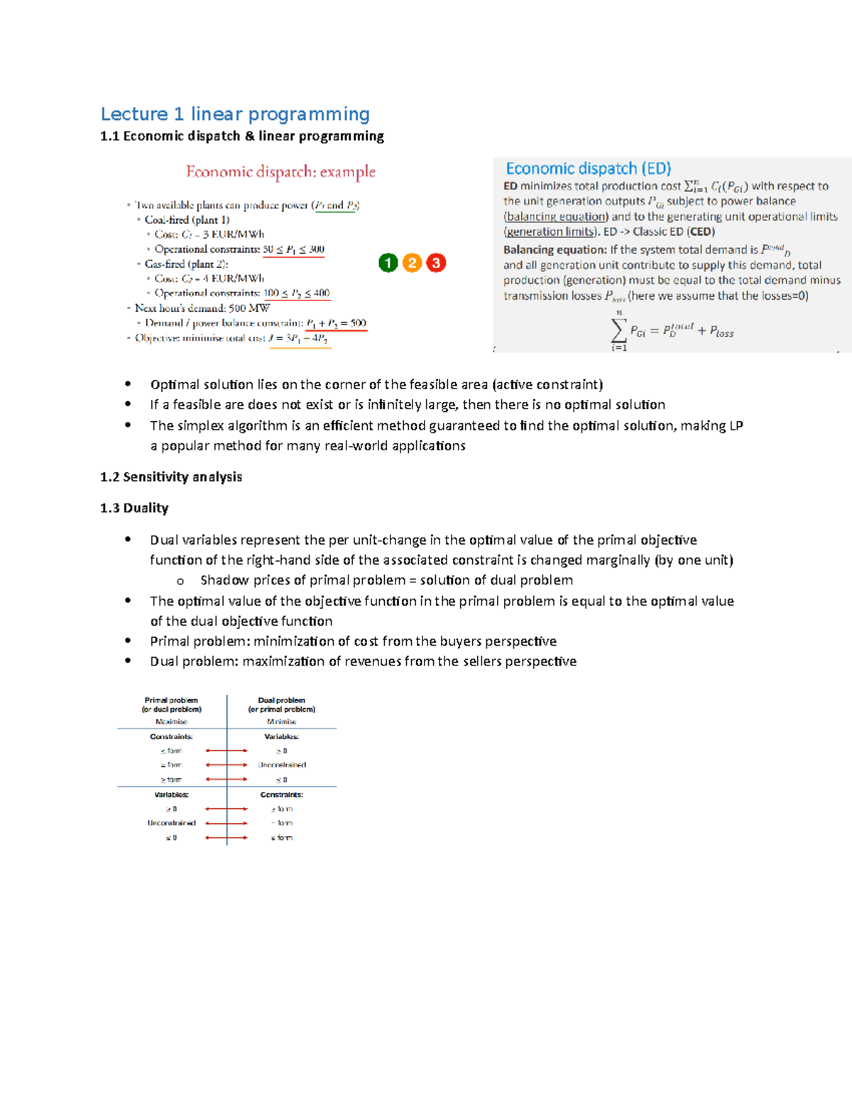 Samenvatting slides en definities - Lecture 1 linear programming 1 Economic dispatch & linear ...