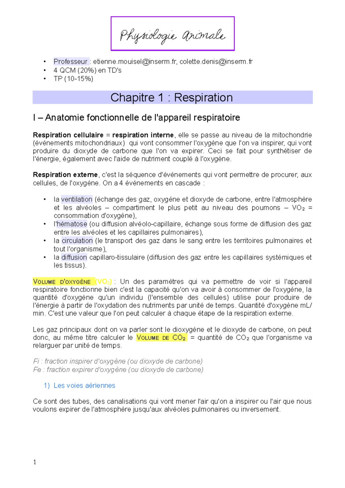Cours 1 Physiologie animale - Professeur : etienne@inserm, colette ...