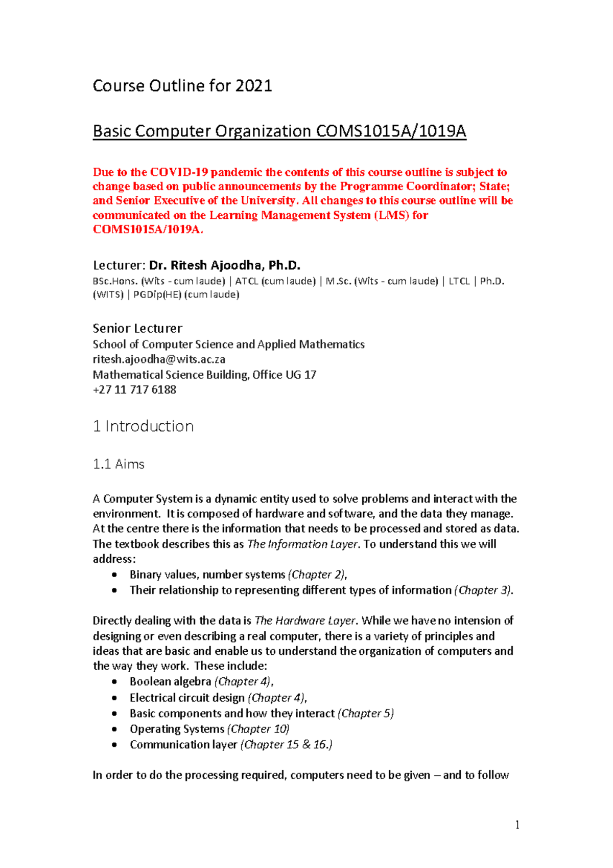 Basic Computer Organization Course Outline - 1 Course Outline for 2021 ...