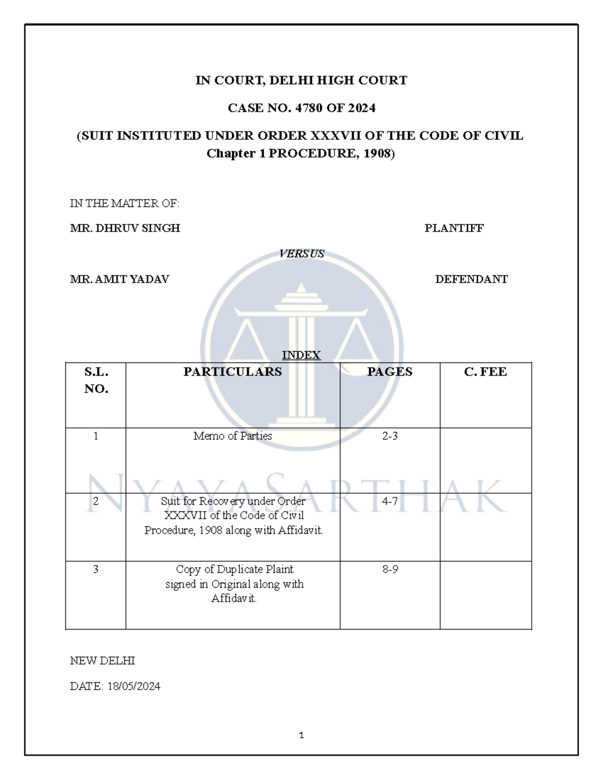 CPC Drafting Order under Xxxvii - IN COURT, DELHI HIGH COURT CASE NO ...
