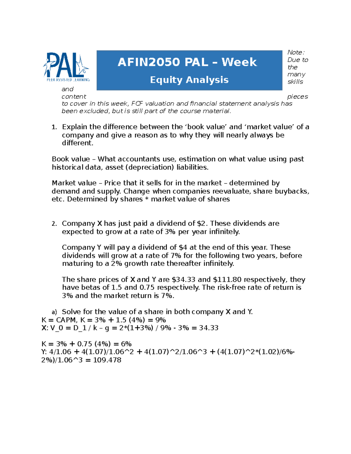 Week 11 sheet - PAL - Extra notes for your studies - Note: Due to the ...
