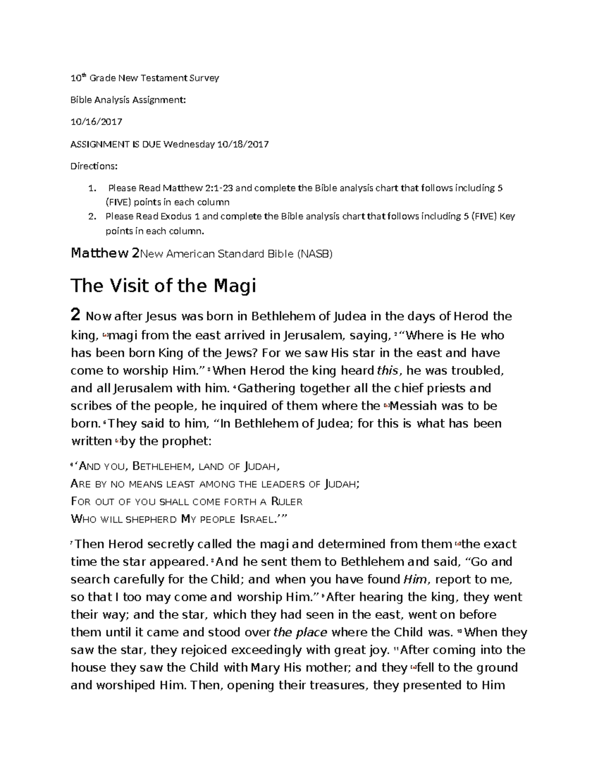 Bible analysis Matthew 2 and Exodus 1 10-16 - 10 th Grade New Testament ...