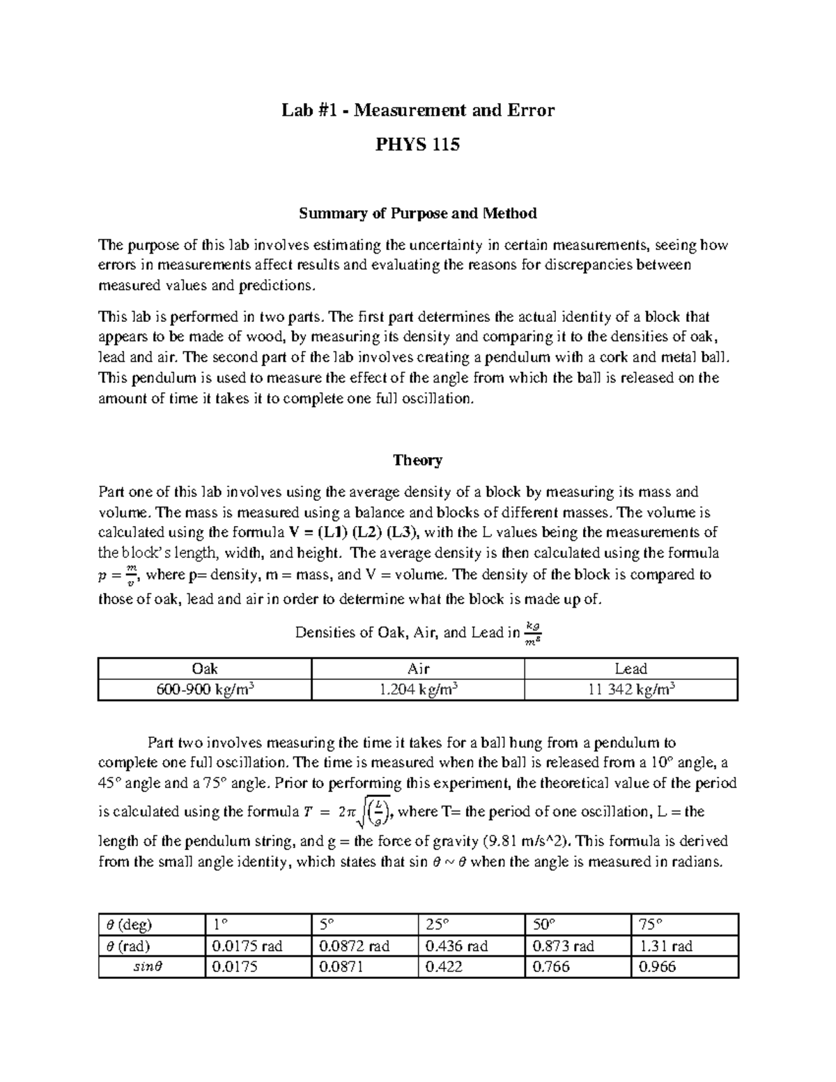 PHYS 115 - Pre Lab #1 - Lab #1 - Measurement and Error PHYS 115 Summary ...
