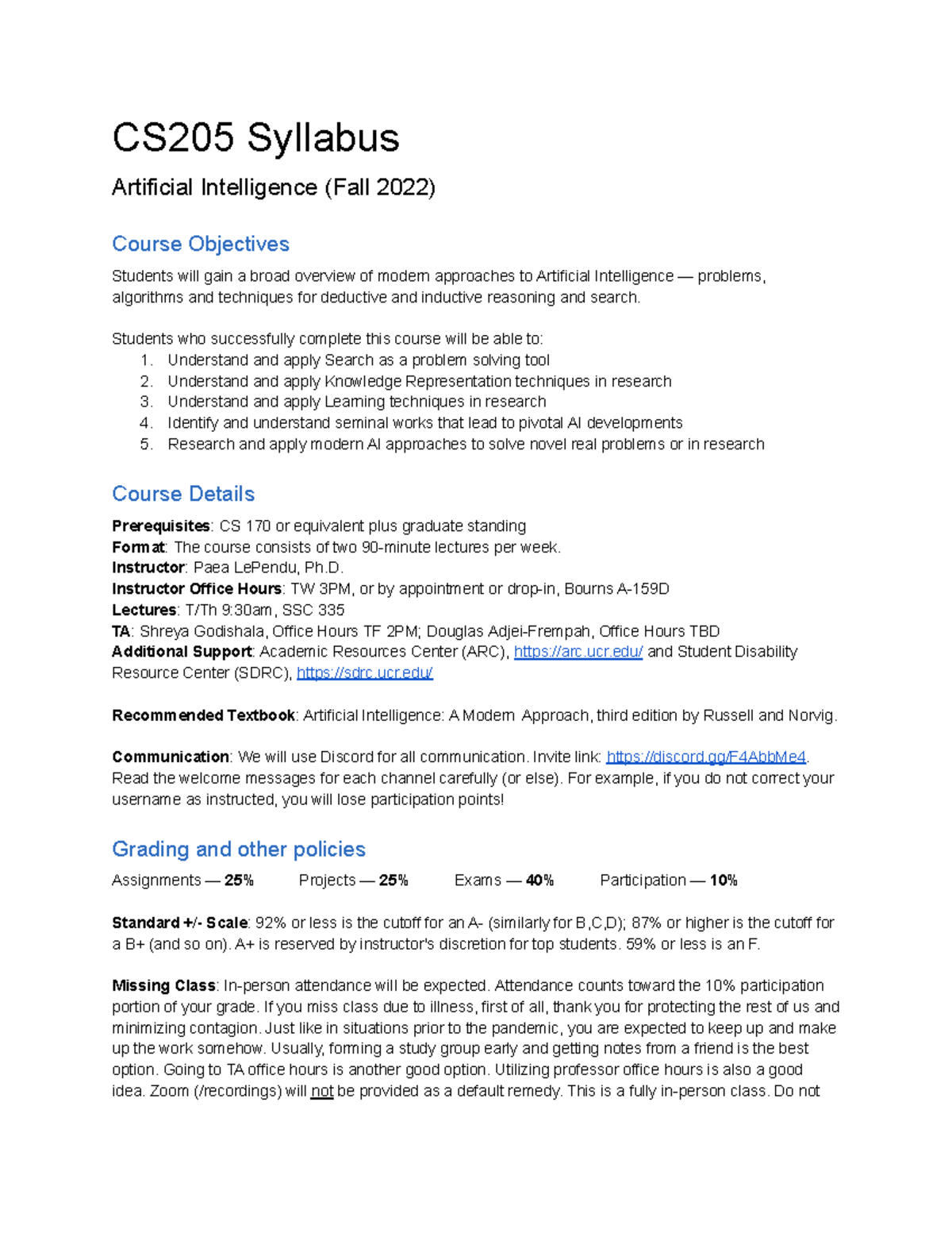 Syllabus v1 - Syllables - CS205 Syllabus Artificial Intelligence (Fall ...