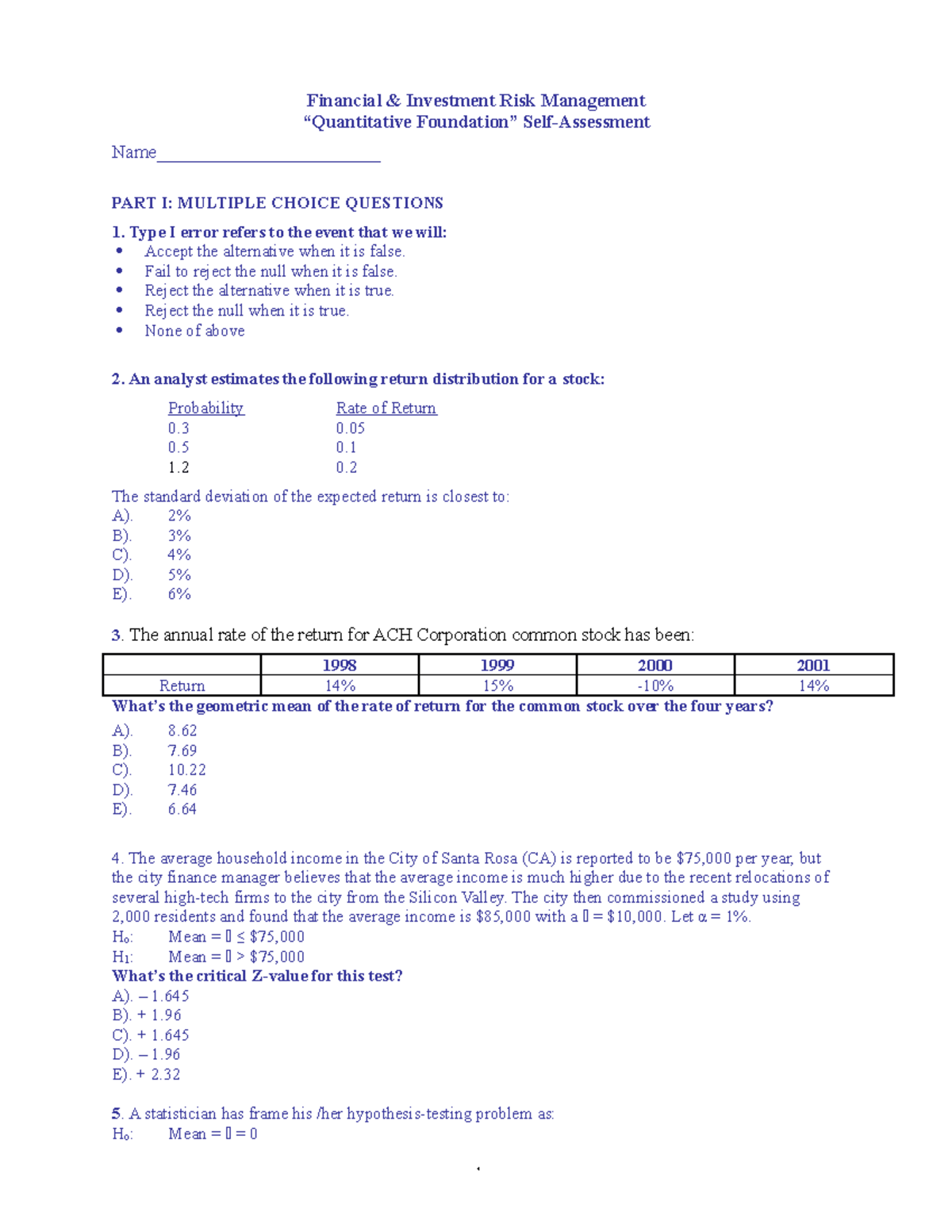 Self Assessment Quiz 1 - Bus 271 - Financial & Investment Risk ...