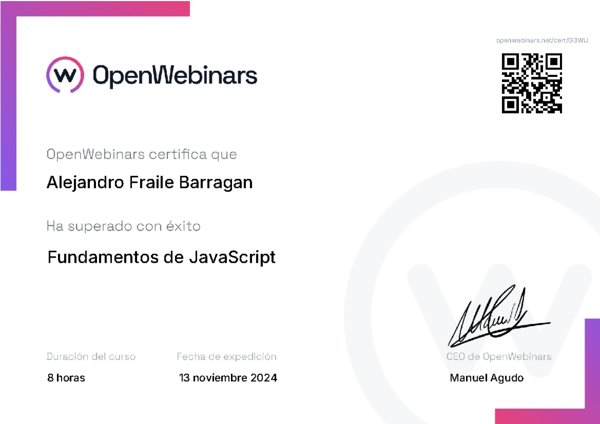 Certificado fundamentos de javascript - openwebinars/cert/G3WU ...
