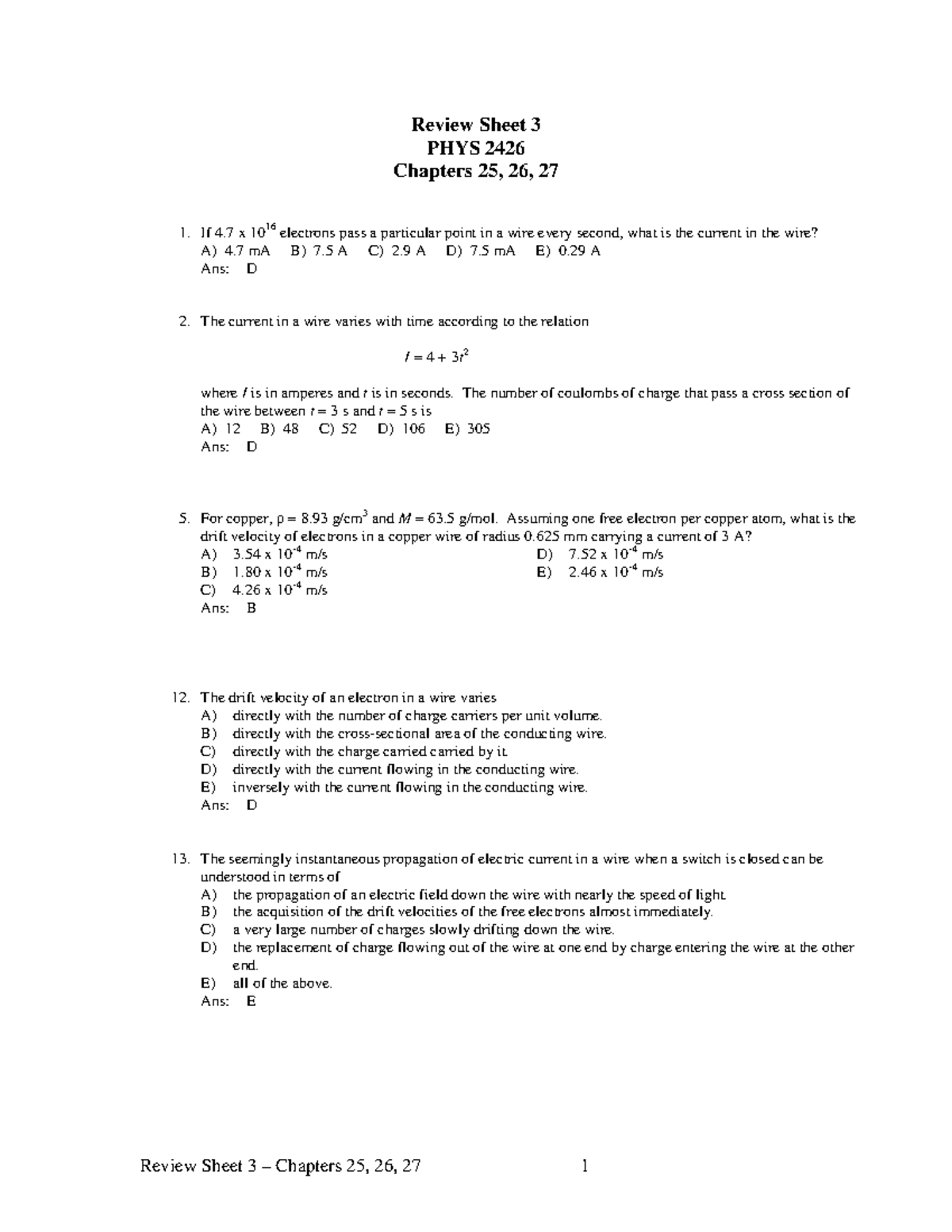 Review Sheet-Exam 2- 25, 26, 27 - Review Sheet 3 PHYS 2426 Chapters 25 ...
