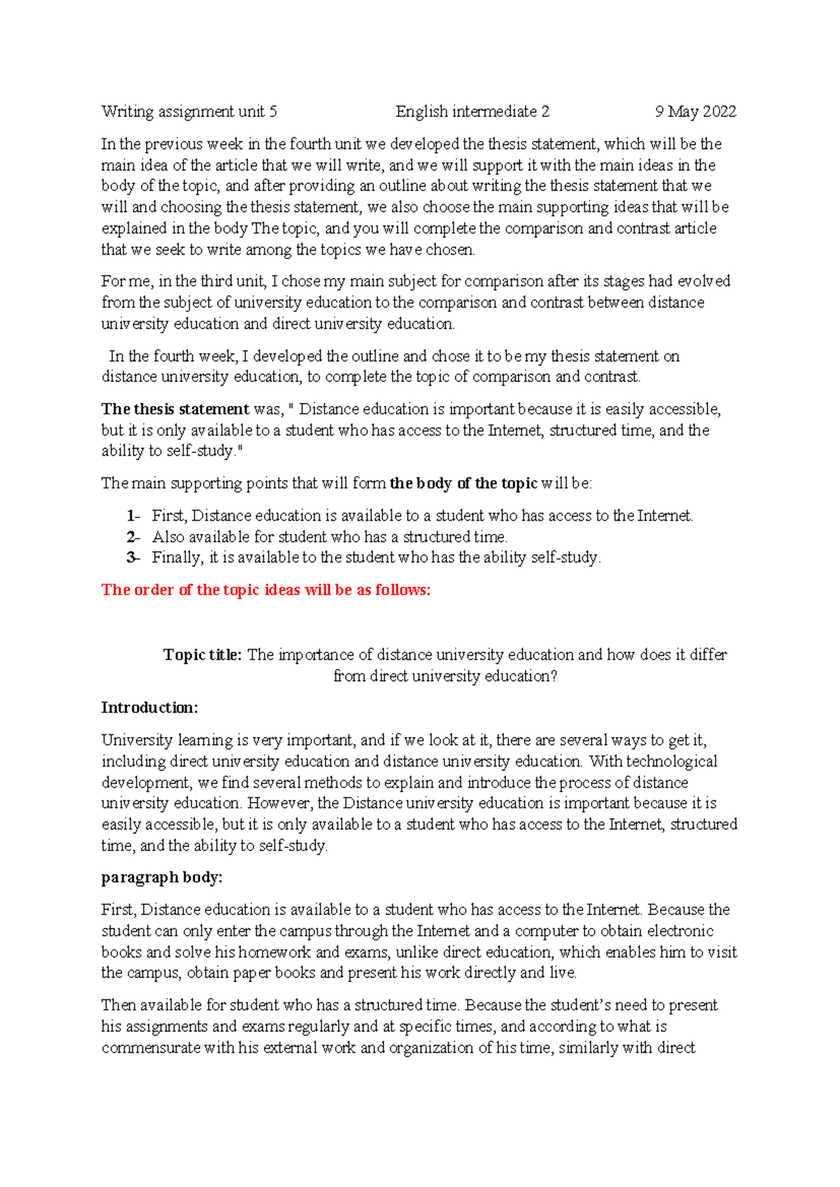 Writing assignment unit 5 English intermediate 2 9 May 2022 - Writing ...