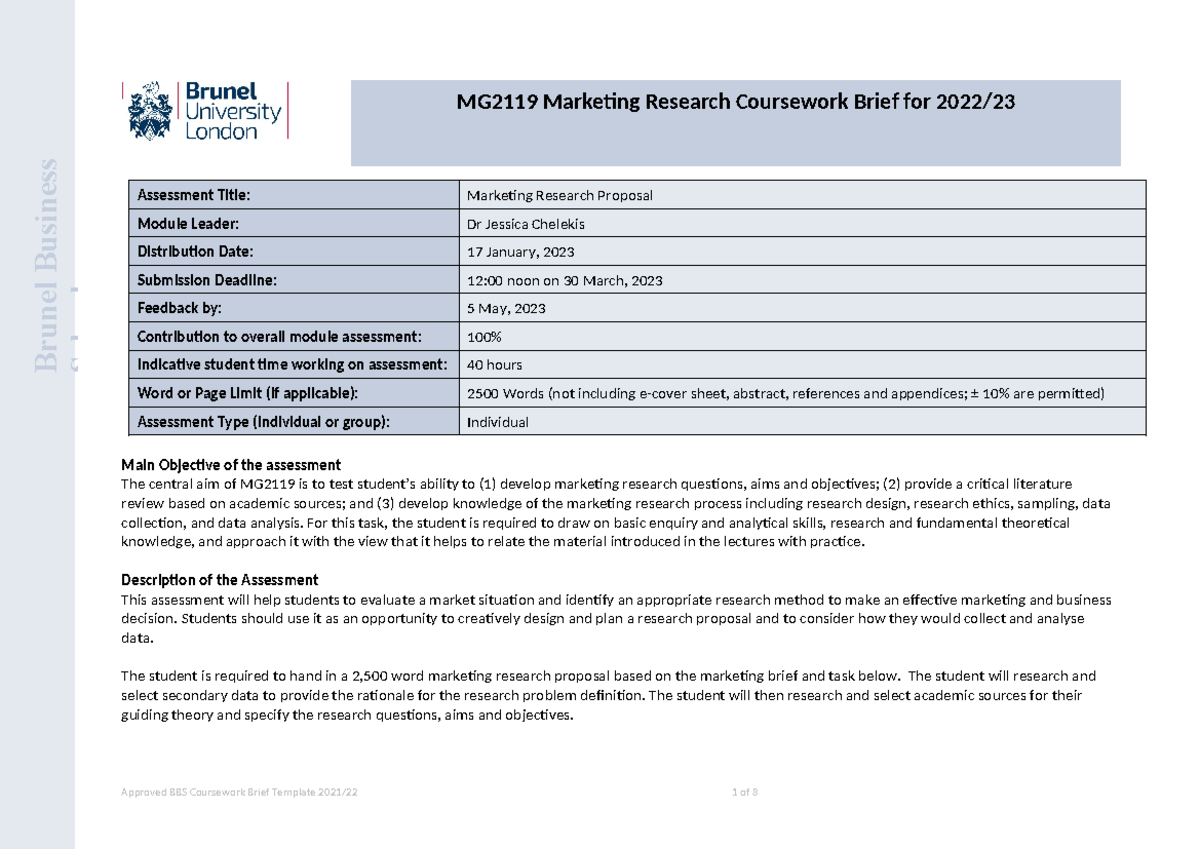 MG2119 Marketing Research Coursework Brief - Brunel Business School ...