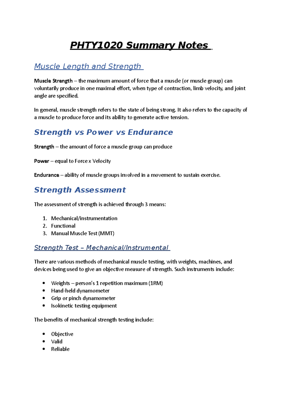 PHTY1020 Summaries - Week 12 Completed - PHTY1020 Summary Notes Muscle ...