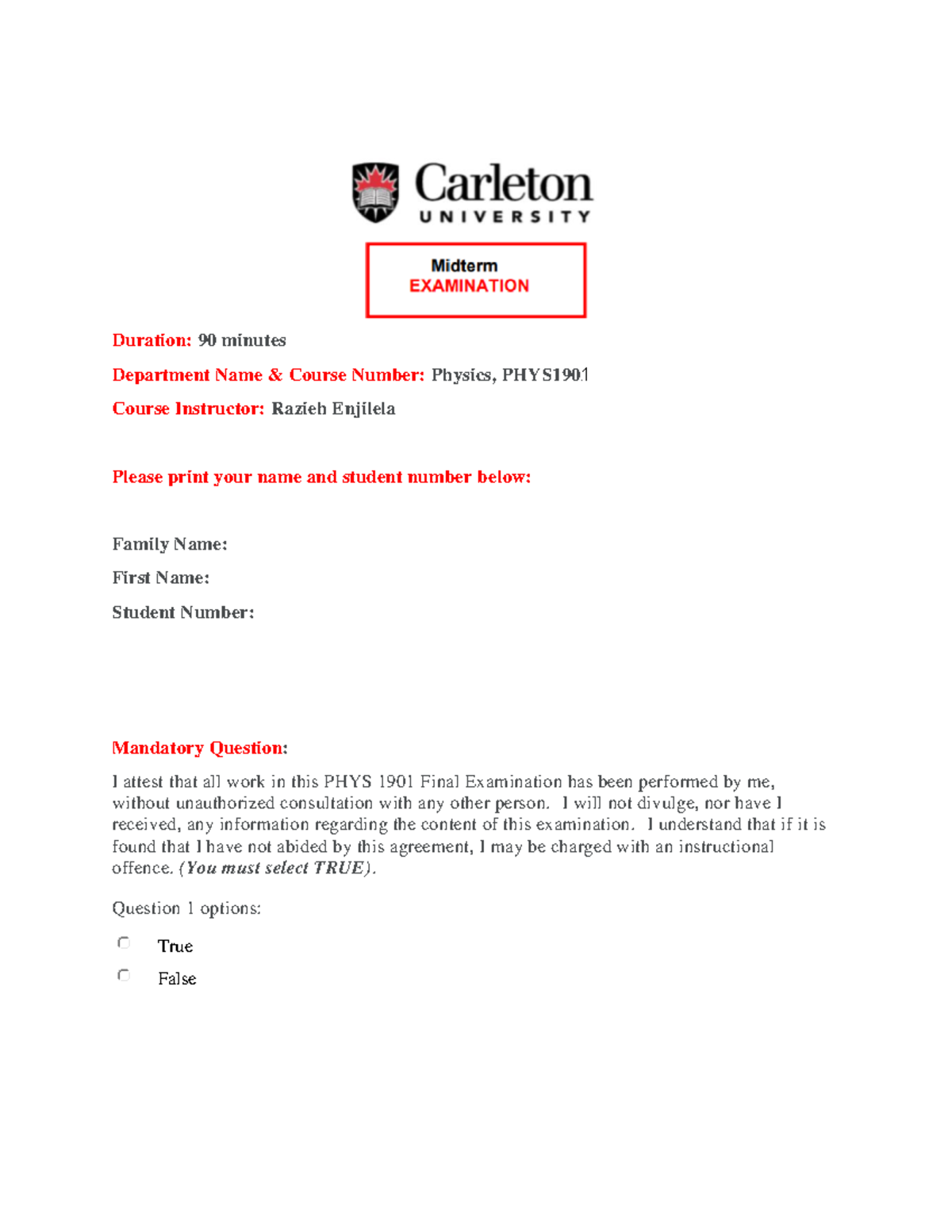PHYS1901 Practice Midterm Exam S2022 - Phys 1007 - Carleton - Studocu