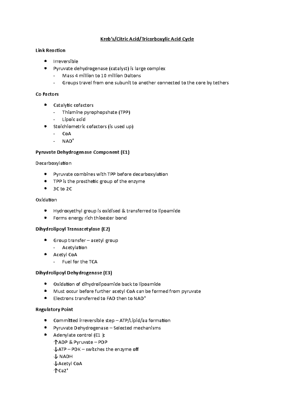 Krebs Cycle - Lecture notes 1 - Kreb’s/Citric Acid/Tricarboxylic Acid ...